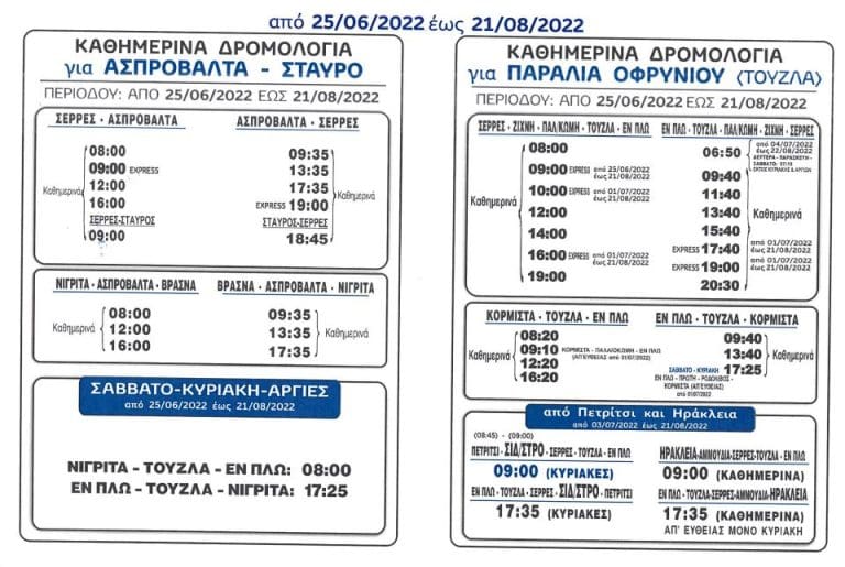 ΚΤΕΛ Σερρών: Τα δρομολόγια για Ασπροβάλτα, Σταυρό, Παραλία Οφρυνίου ...